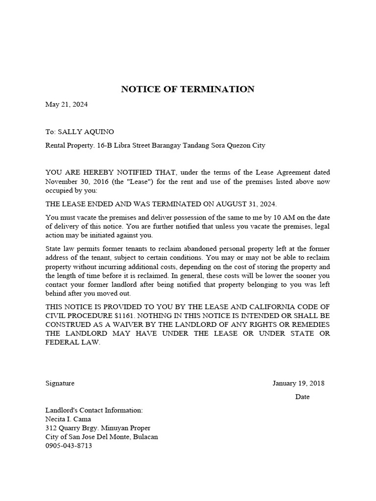 Termination of Tenancy Notice | PDF | Social Science | Law
