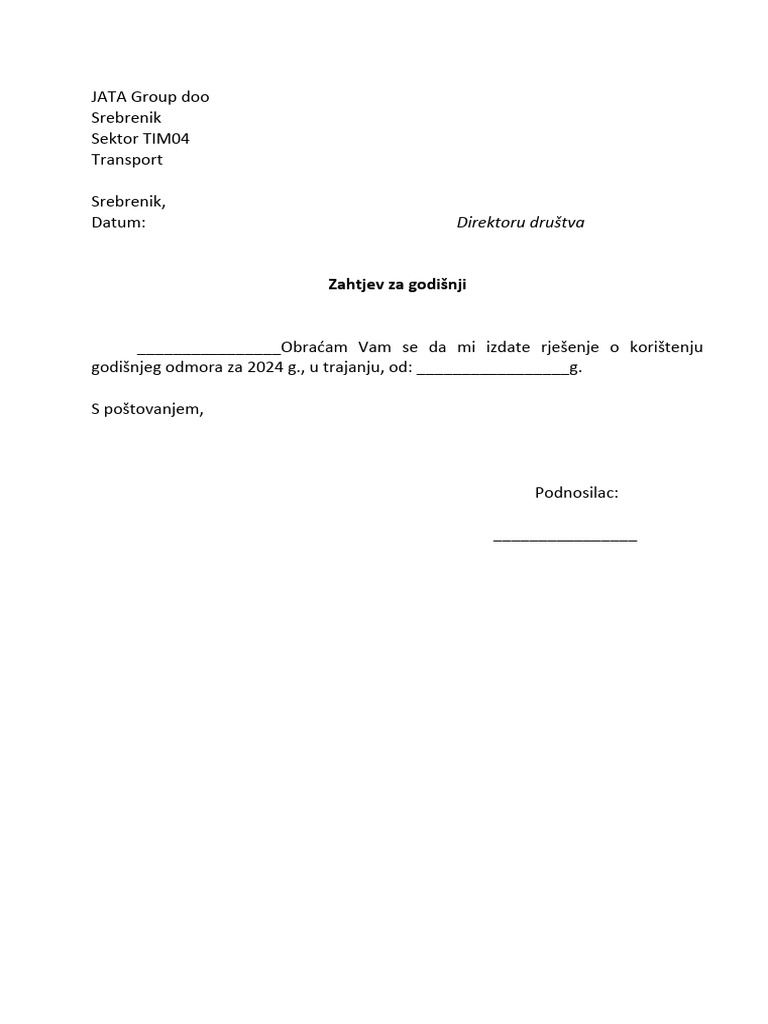 Zahtjev Za Godišnji Odmor Univerzalni | PDF