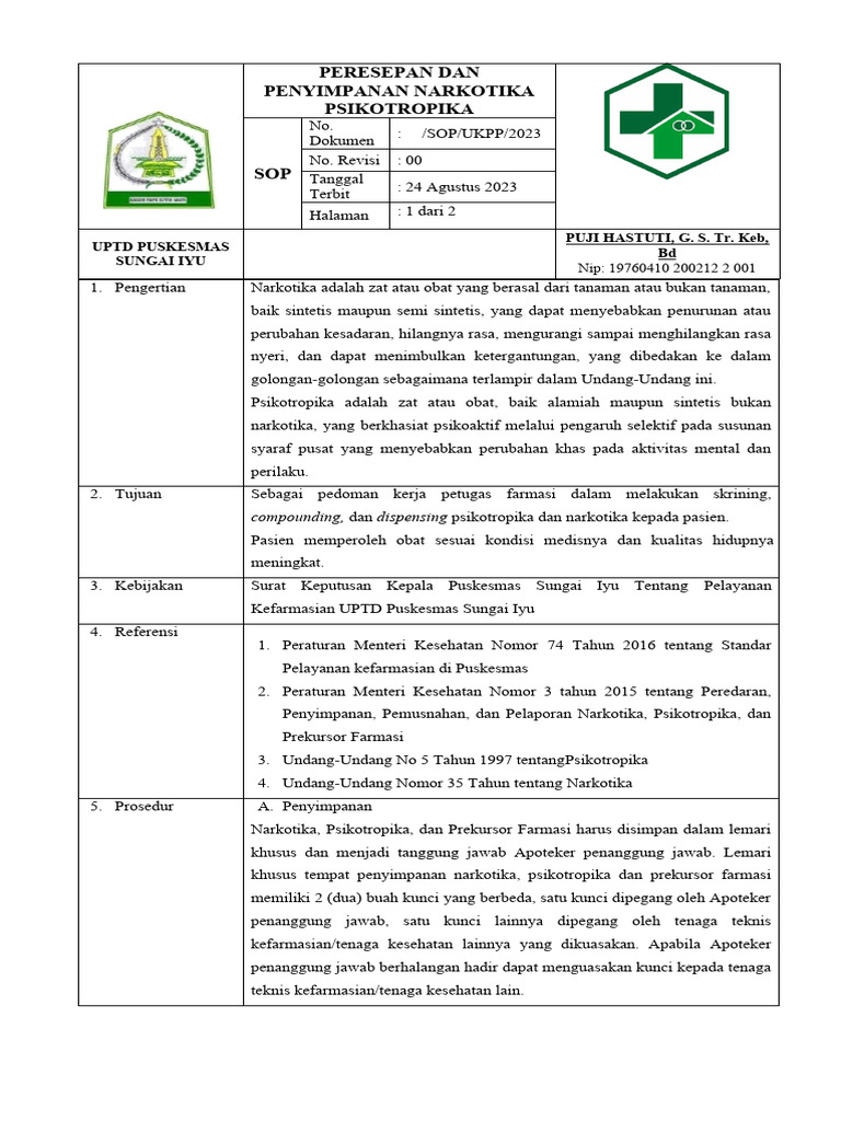 SOP Narkotika & Psikotropika Puskesmas | PDF