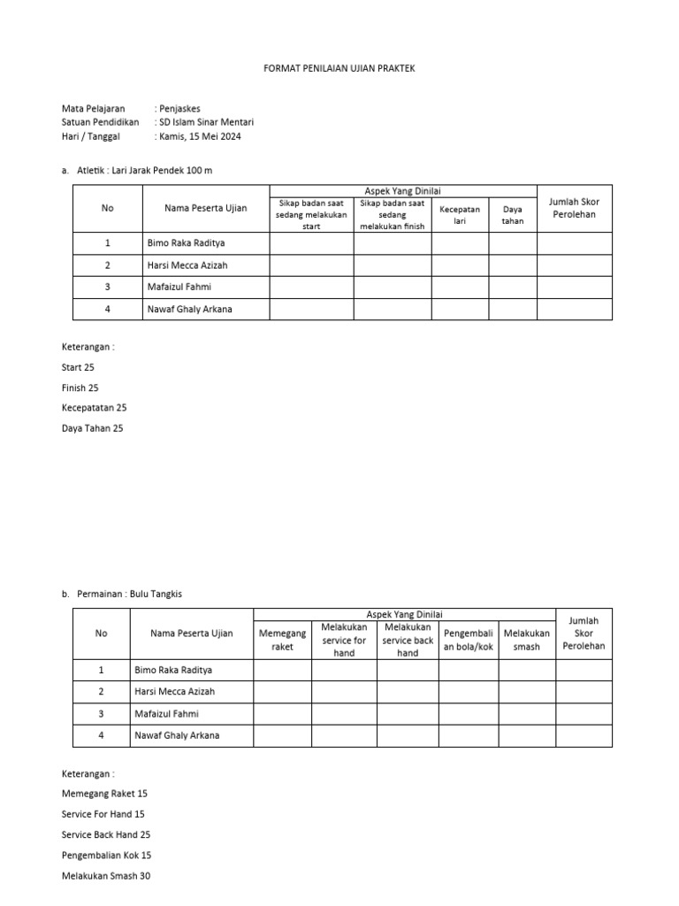 Format Penilaian Praktek Penjaskes | PDF