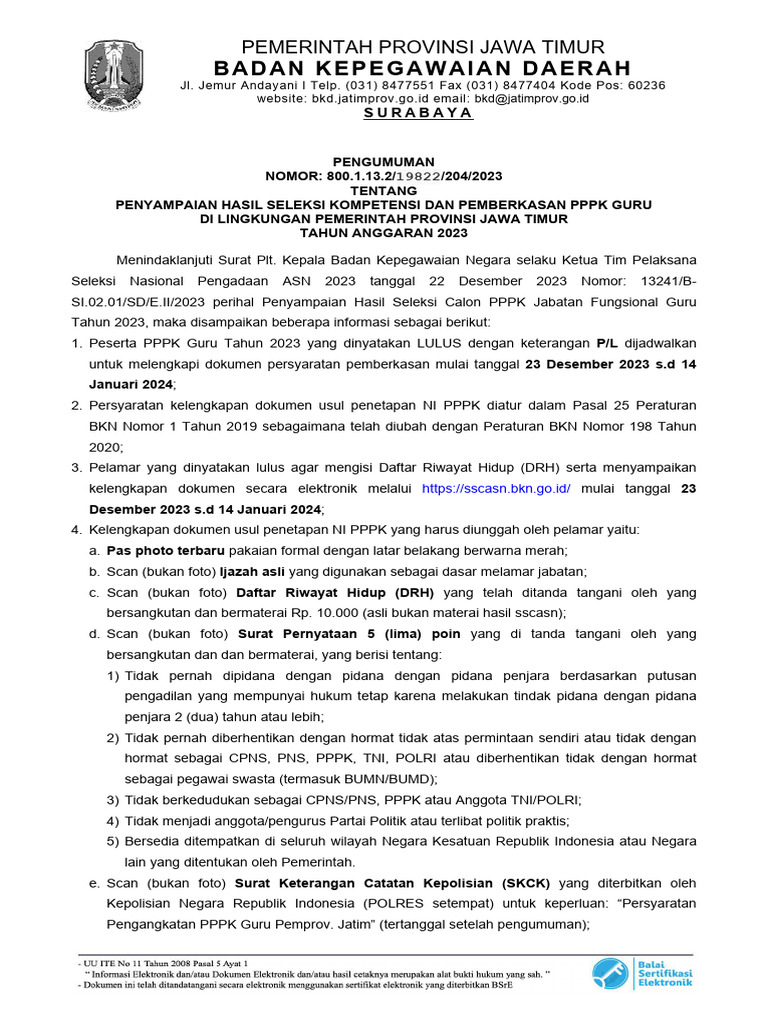 Pengumuman Hasil Seleksi Kompetensi PPPK Guru Dan Pemberkasan Penetapan Nomor Induk Tahun 2023 ...