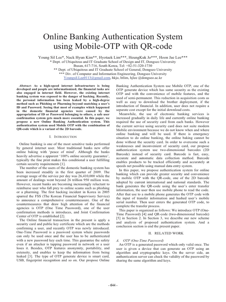 Online Banking Authentication System Using Mobile-OTP With QR-code | PDF | Qr Code | Smart Card