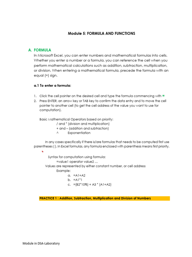 Module 5 Excel Formulas and Functions | Download Free PDF | Microsoft Excel | Formula