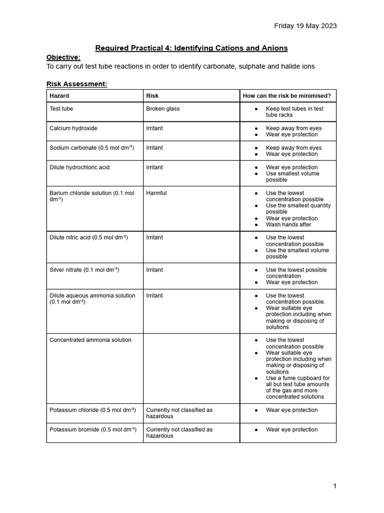 Required Practical 4 Identifying Cations and Anions | PDF | Acid | Hydroxide