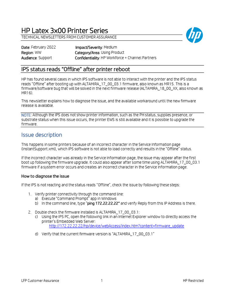 IPS Status Reads Offline After Printer Reboot - HP Latex 3x00 Printer ...
