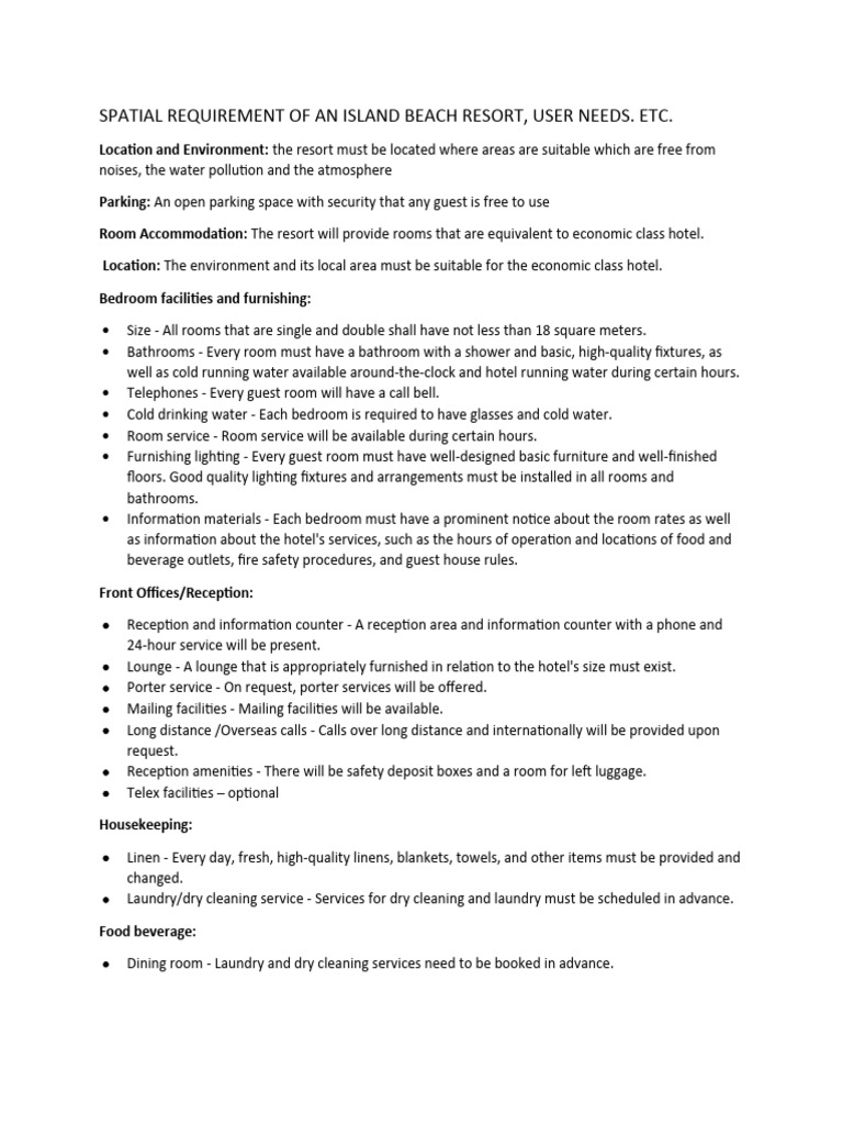 Spatial Requirement of an Island Beach Resort | PDF | Room | Hotel