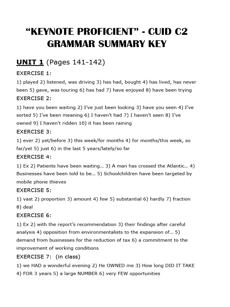 Keynote Proficient Grammar Summary Key | PDF