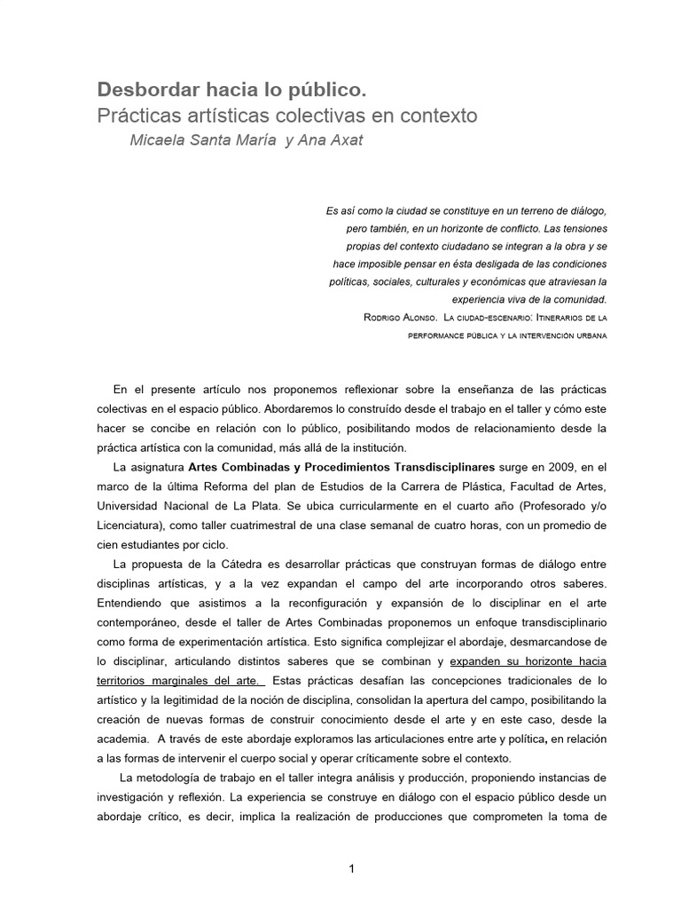 Desbordar Hacia Lo Público. Prácticas Artísticas Colectivas en El ...
