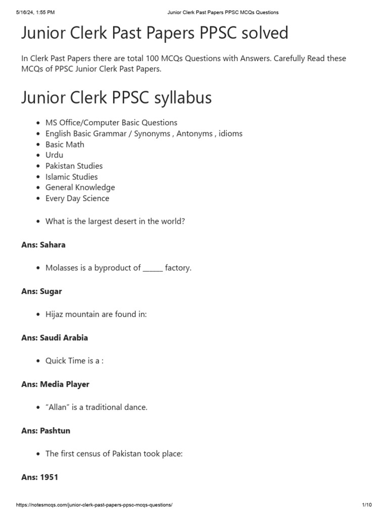 Junior Clerk Past Papers PPSC MCQs Questions | PDF | Language Arts ...