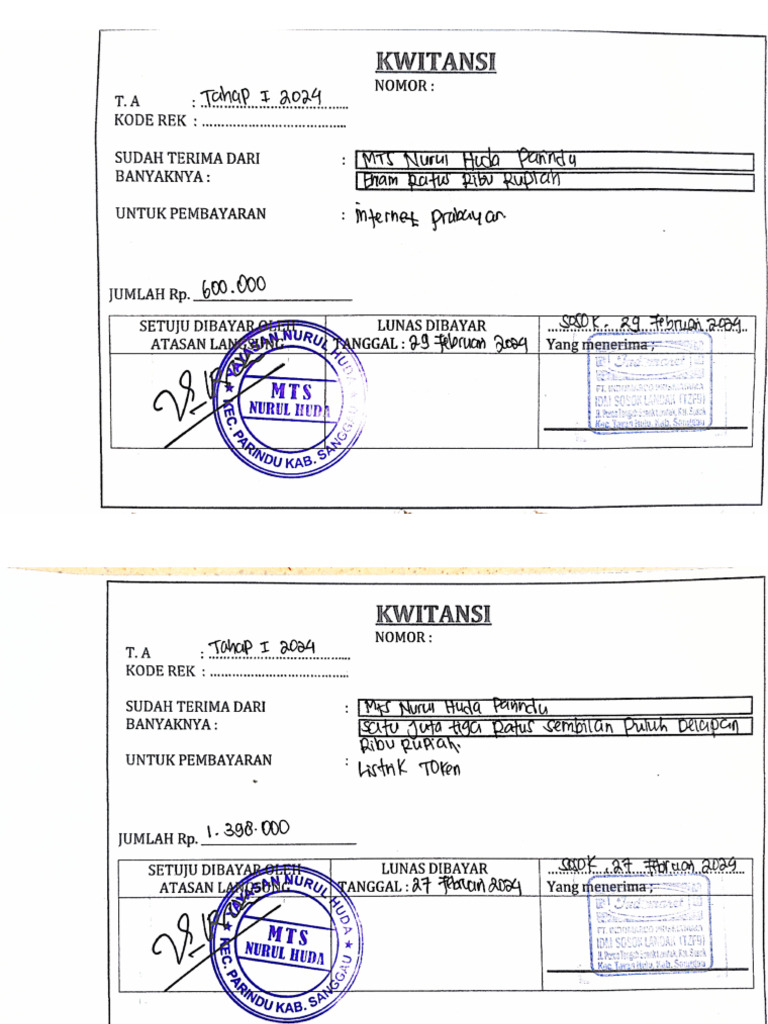 Nota Pembelian Listrik Dan Internet - Tahap 1 2024 | PDF
