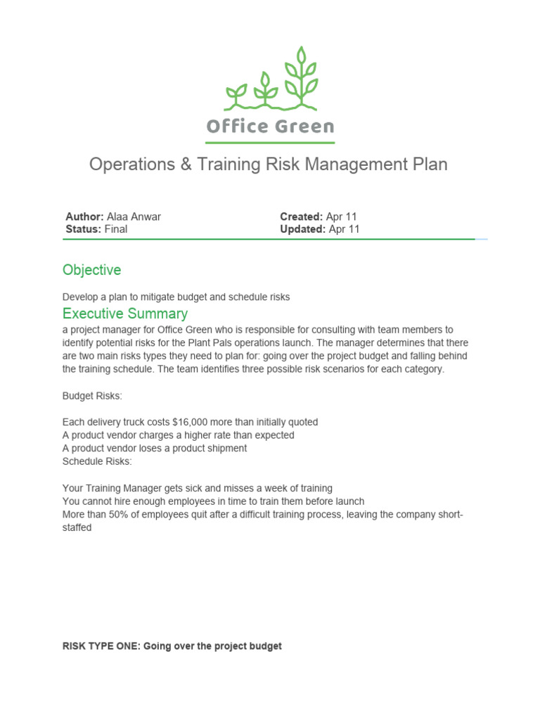 Operations Risk Management Plan | PDF | Risk | Risk Management
