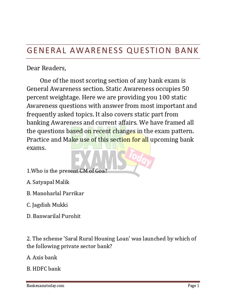 General Awareness Question Bank for Exams | PDF