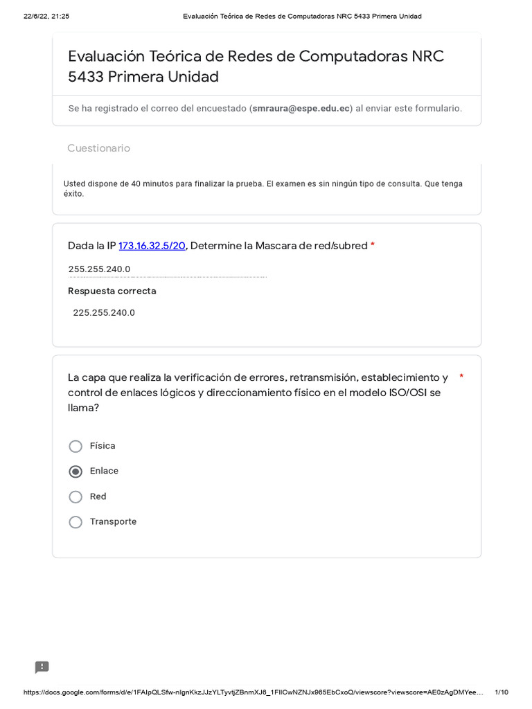 Evaluación Teórica de Redes de Computadoras NRC 5433 Primera Unidad ...