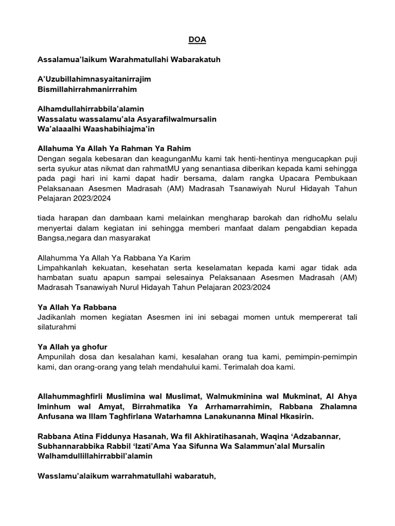 Doa Pembukaan Asesmen Madrasah 2023 | PDF