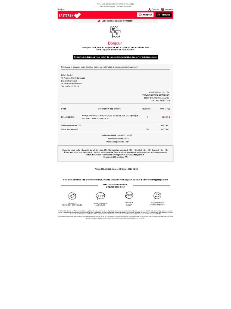 Ticket de caisse Easy Cash à conserver | PDF
