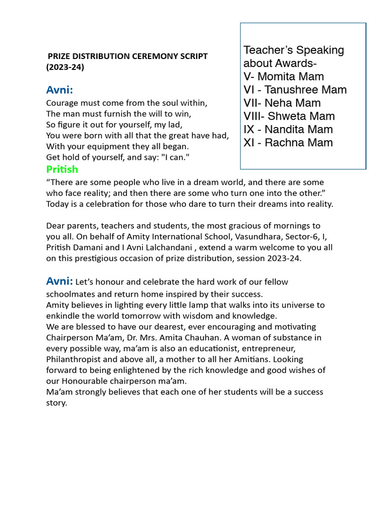 Prize Distribution Ceremony 2023-24 (Script) | PDF | Performing Arts ...