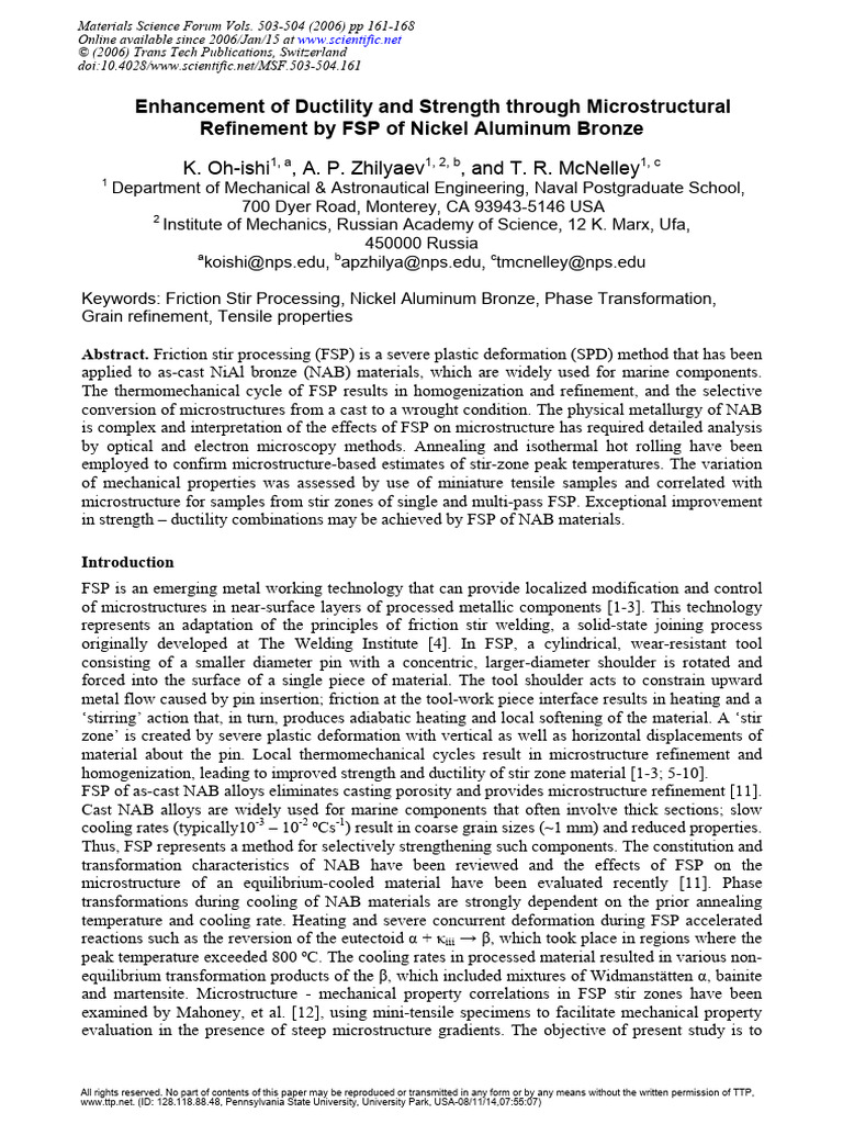 Enhancement of Ductility and Strength through Microstructural Refinement by FSP of Nickel ...
