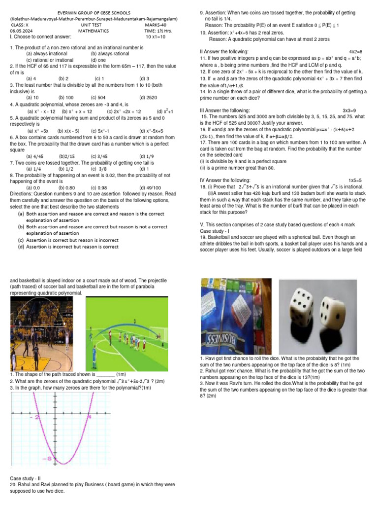 Class 10 Math Unit Test Question Paper | PDF | Rational Number | Numbers