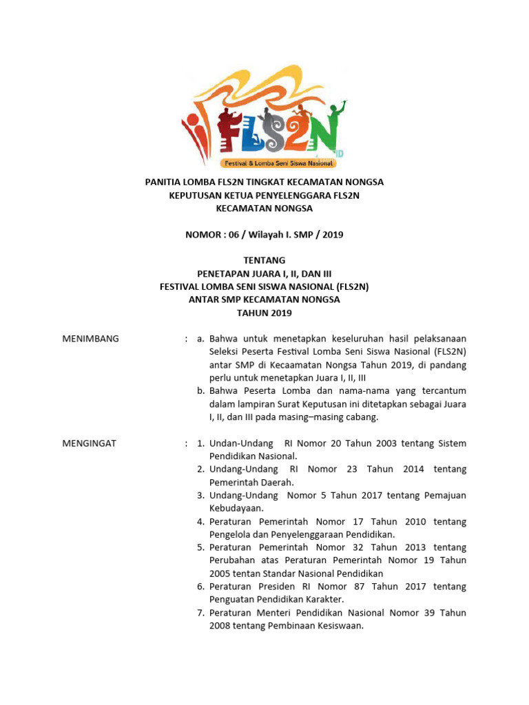Contoh SK Panitia O2sn Fls2n Tingkat Kecamatan | PDF