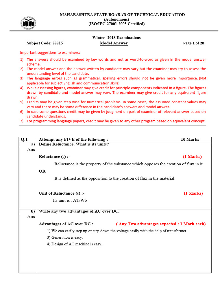 Model Answers Winter 2018 | PDF | Electric Motor | Transformer