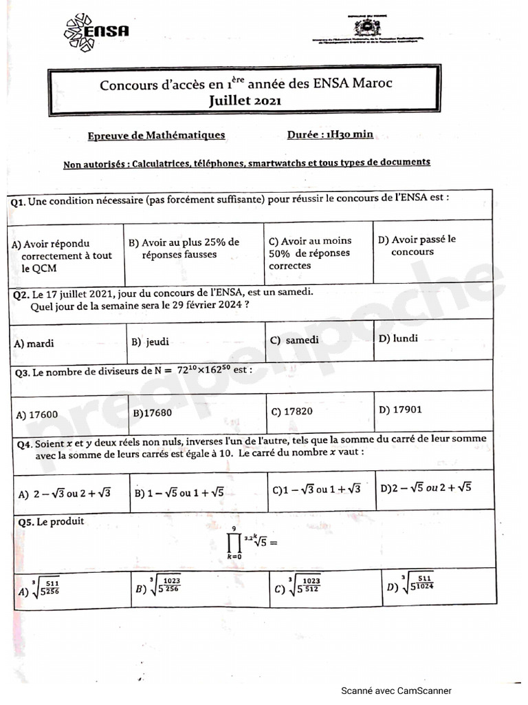 Exemple Concours ENSA 2022 Math | PDF