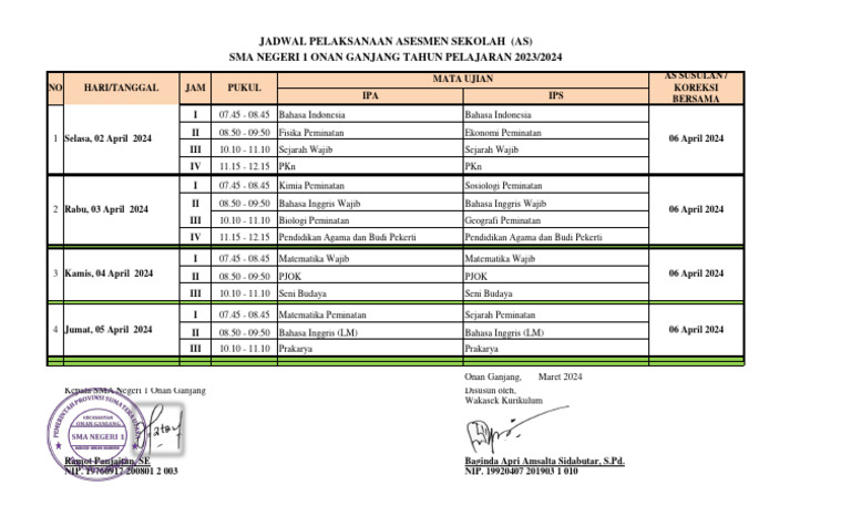 ROSTER UJIAN SEKOLAH 2024 Bagus | PDF