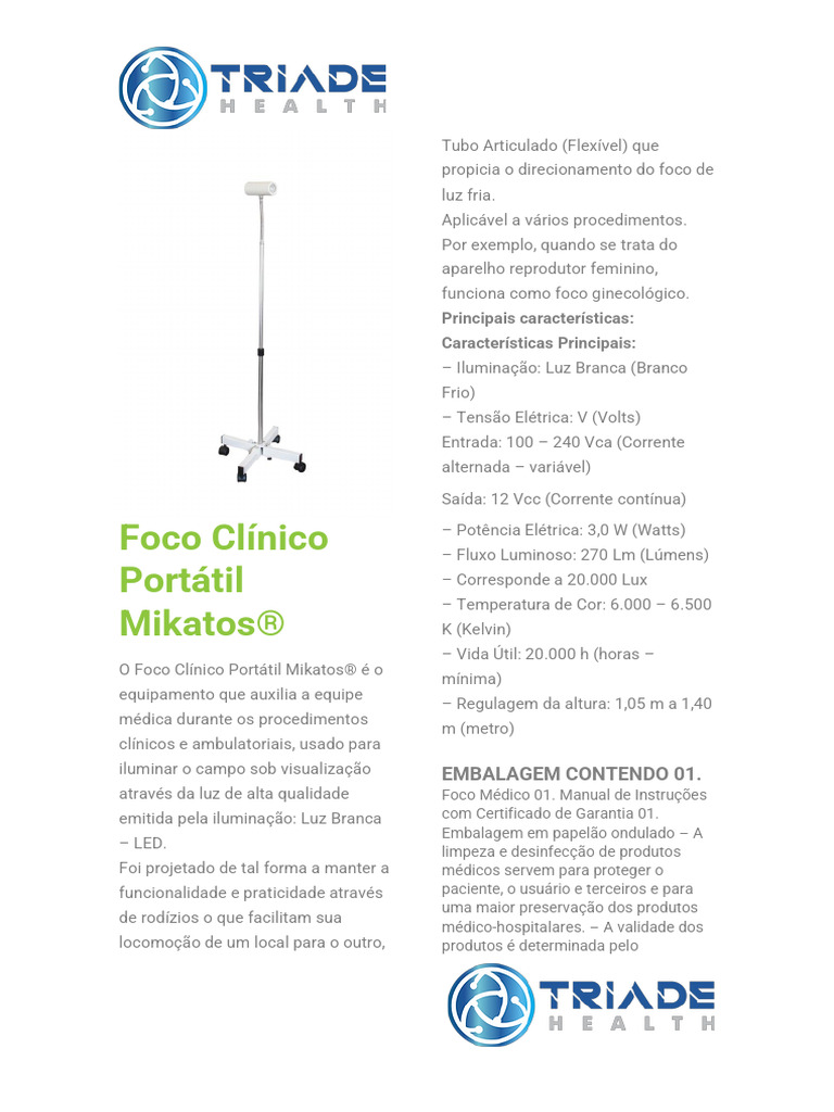Foco Clínico Portátil Tríade Catalogo | PDF | Desinfetante | Diodo emissor de luz