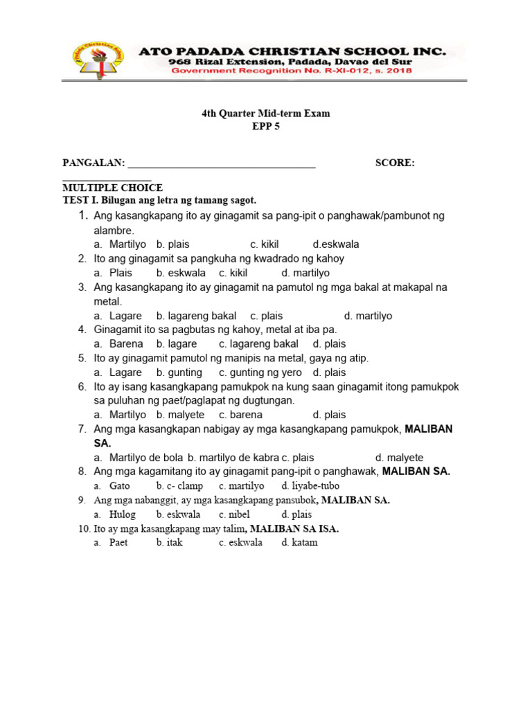 4th Quarter Mid-Term Exam Epp 5 | PDF