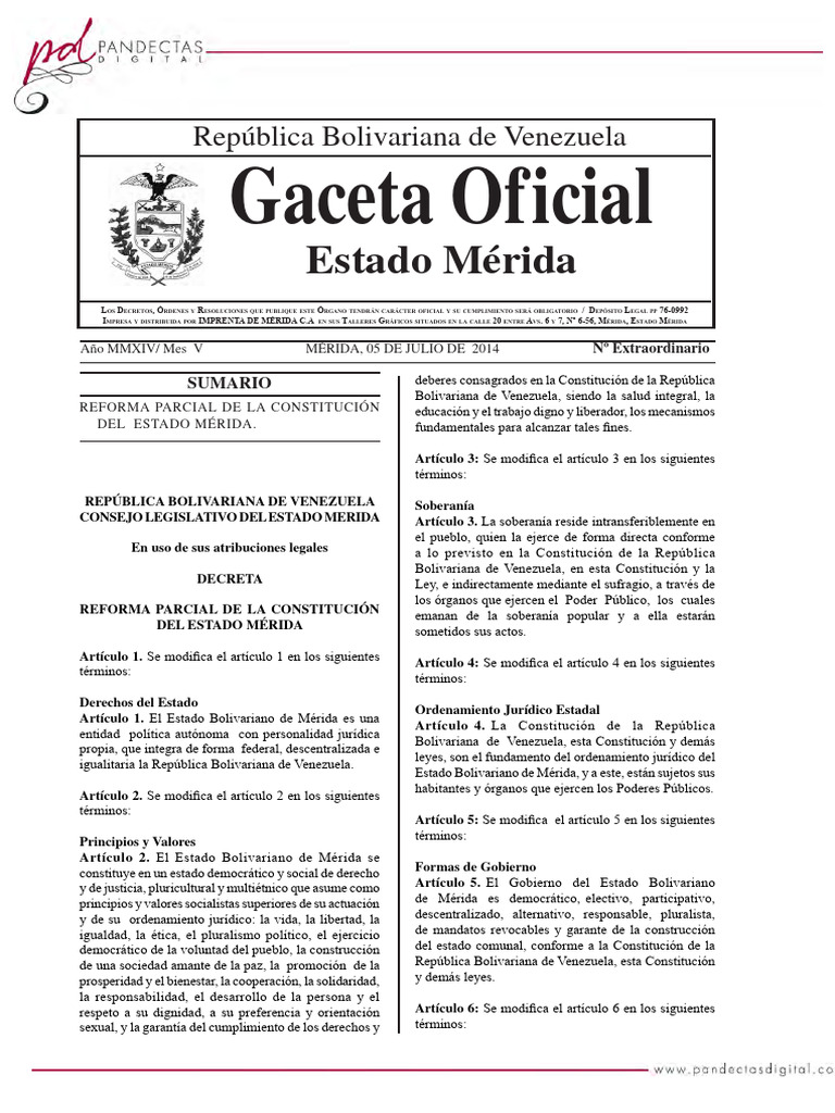 Constitución Del Estado Mérida | PDF | Venezuela | Estado (política)