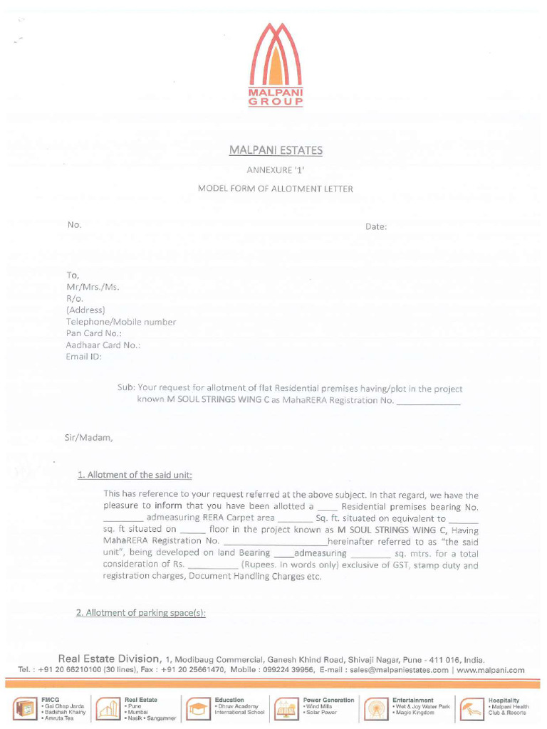 1 Proforma of Allotment Letter | PDF