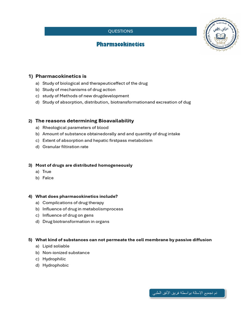 Pharmacokinetics Questions | PDF | Pharmacokinetics | Bioavailability