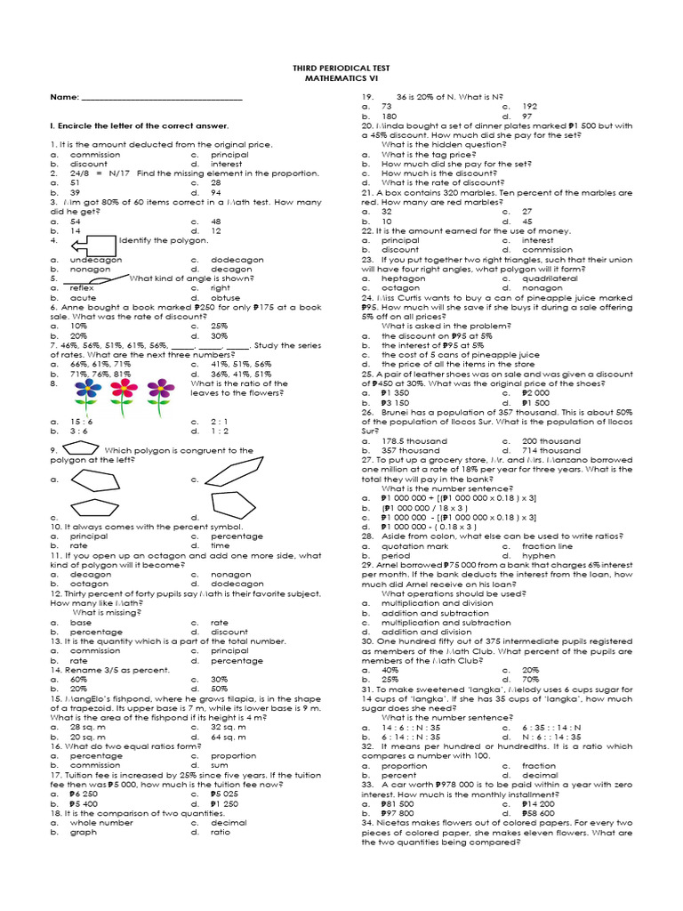 Grade VI Mathematics Periodical Test | PDF | Percentage | Ratio