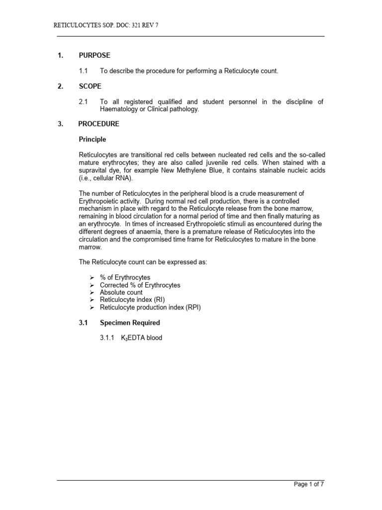 Sop Reticulocyte Count | PDF | Staining | Red Blood Cell