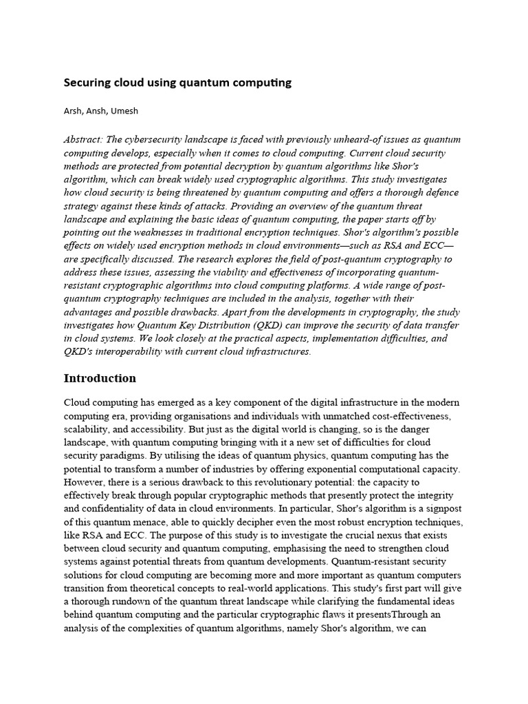 Securing Cloud Using Quantum Computing Research Paper Download Free