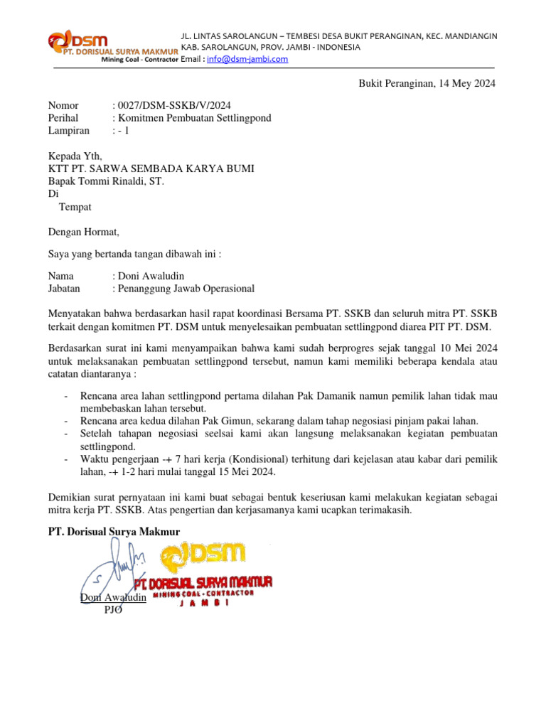 Surat Pernyataan Pembuatan SettlingPond Ke PT. SSKB | PDF