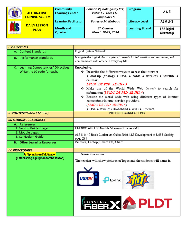 LS6 Dlp-Ae-Jhs (Internet Connections) | PDF | Internet | Internet Access