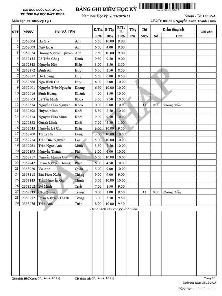 Bang Diem - 20231 - PH1003 | PDF
