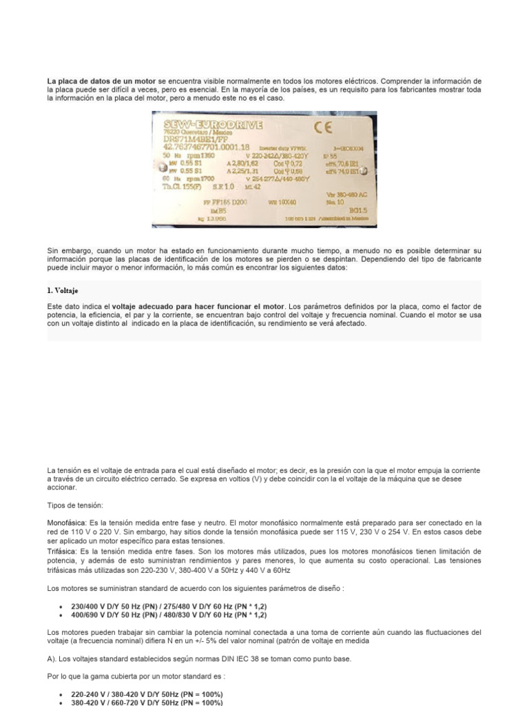 La Placa de Datos de Un Motor | Descargar gratis PDF | voltaje ...