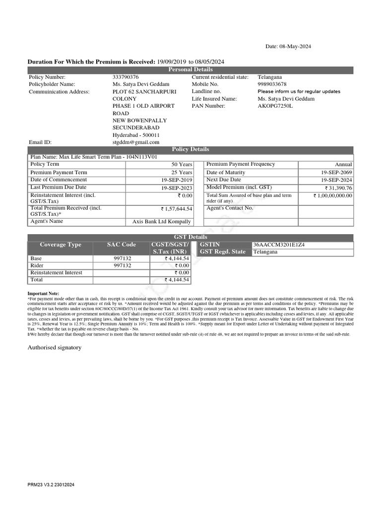 Consolidated Premium Receipt (Chosen Policy) | PDF | Insurance | Taxes