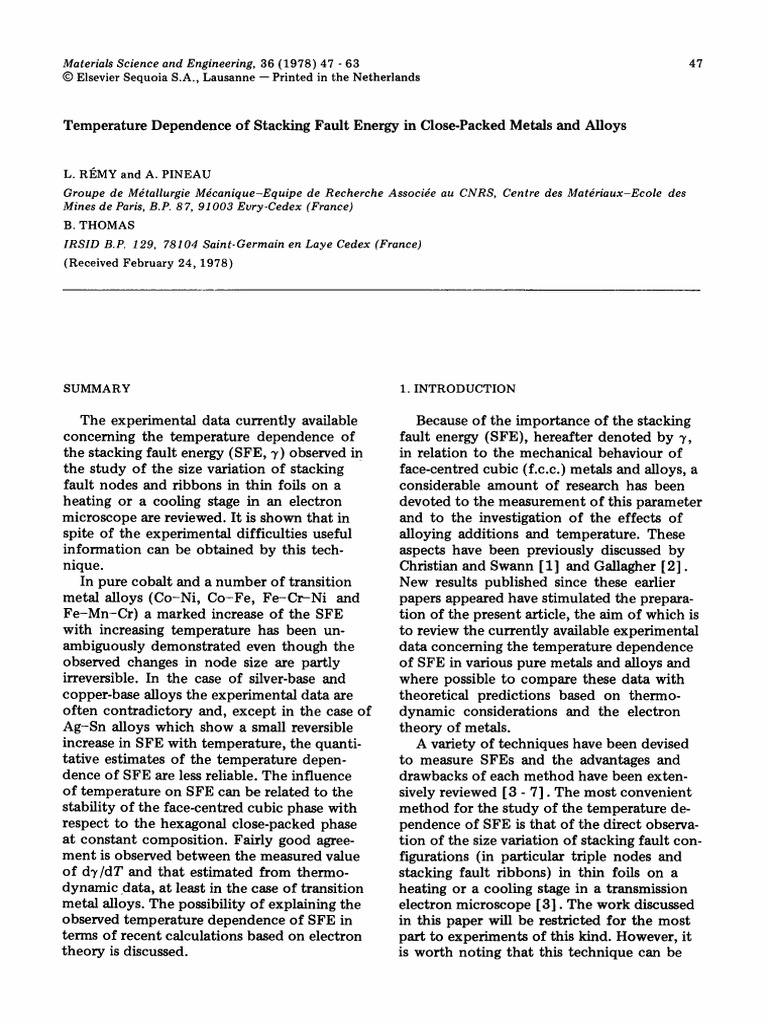 Temperature Dependence of Stacking Fault Energy in Close-Packed Metals ...