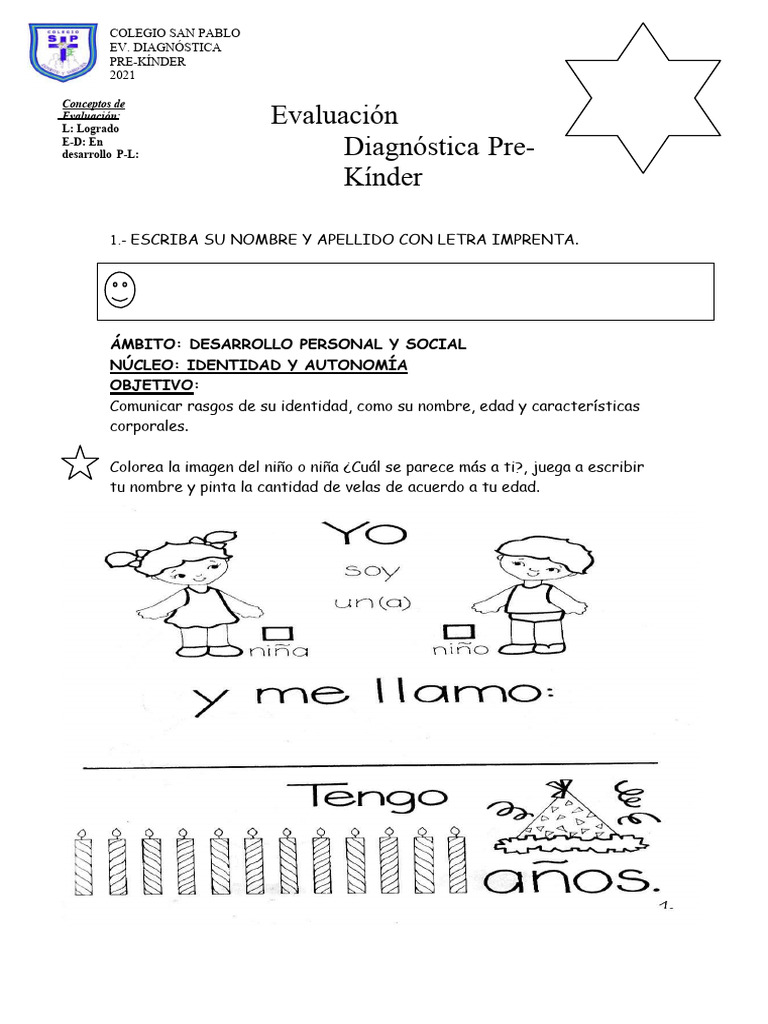 Evaluacion Diagnostica PRE KINDER 2021 | PDF | Educación de la primera ...