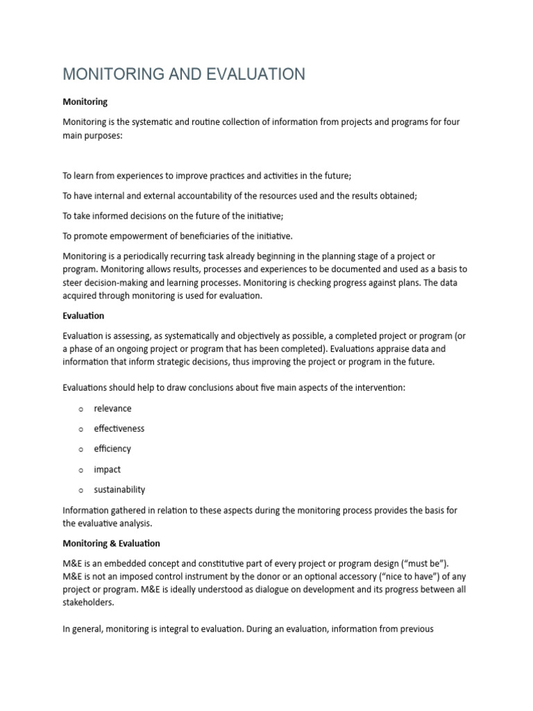 Monitoring and Evaluation | PDF | Evaluation | Monitoring And Evaluation