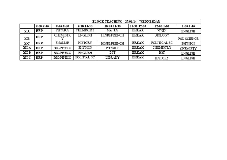 Block Teaching Schedule - 27/03/24 | PDF