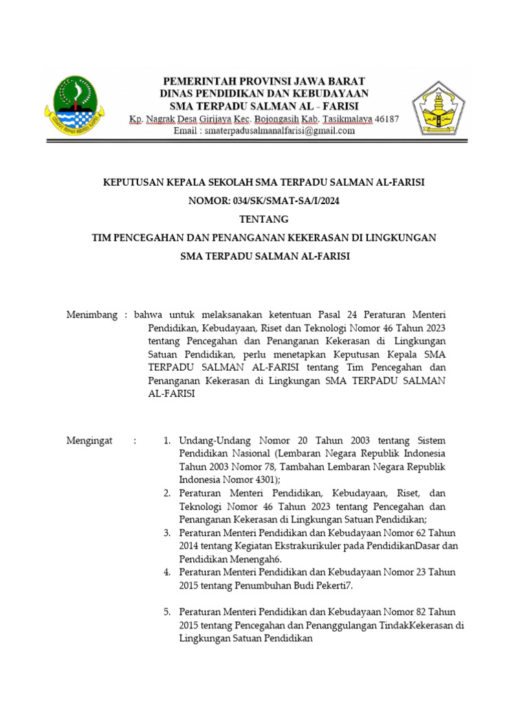 Lampiran 2 - Contoh SK Kepala Satuan Pendidikan Pembentukan TPPK | PDF