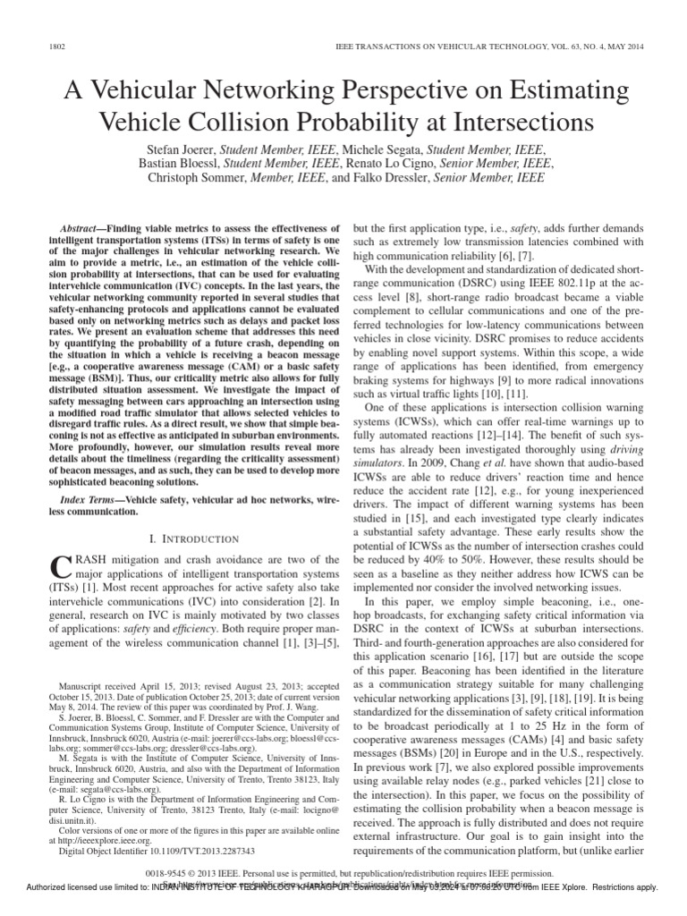 A Vehicular Networking Perspective On Estimating Vehicle Collision Probability at Intersections ...