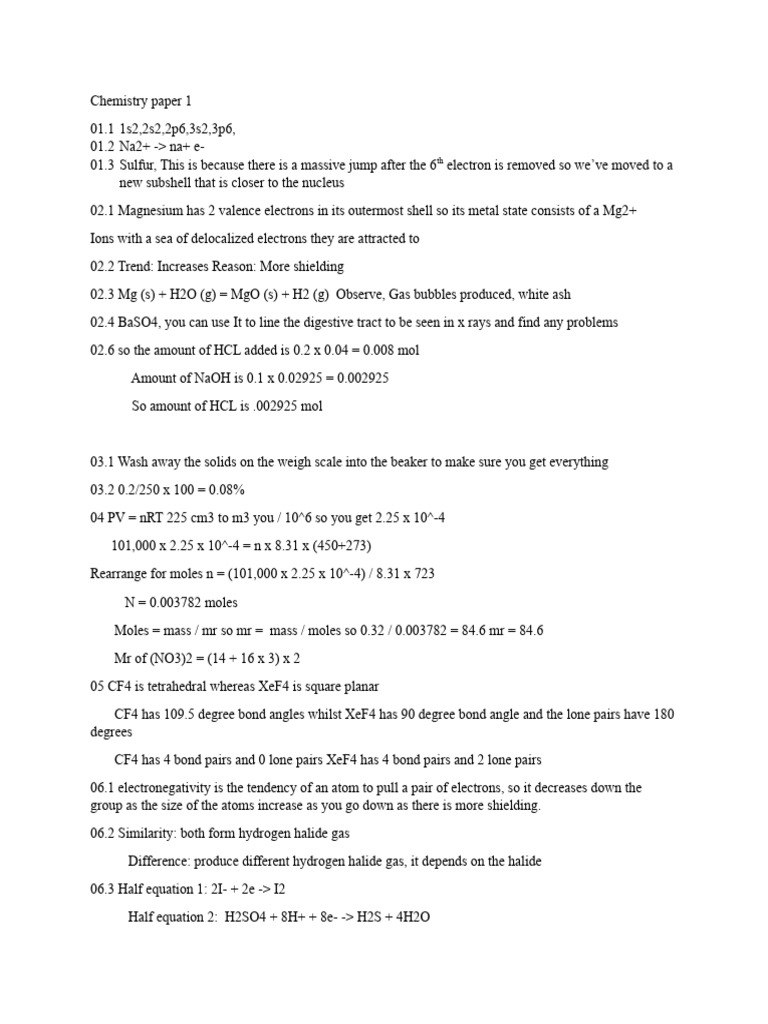 Chemistry Paper 1 Answers | PDF | Ion | Chemical Bond