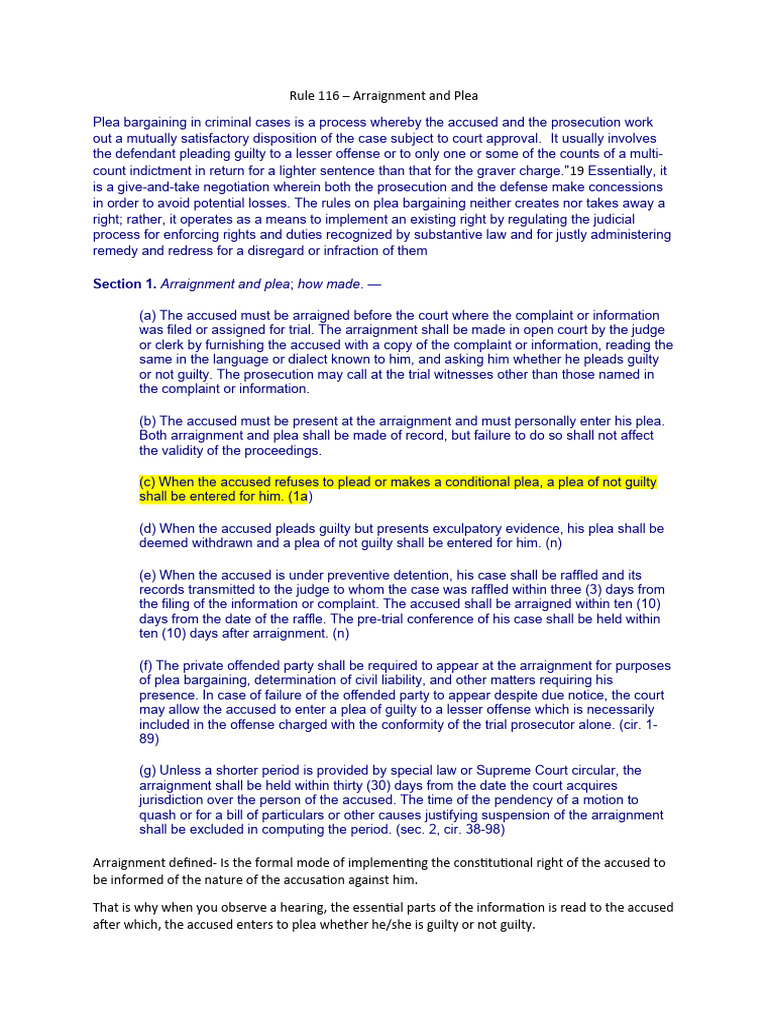 Rule 116 (Arraignment and Plea) | PDF | Plea | Arraignment