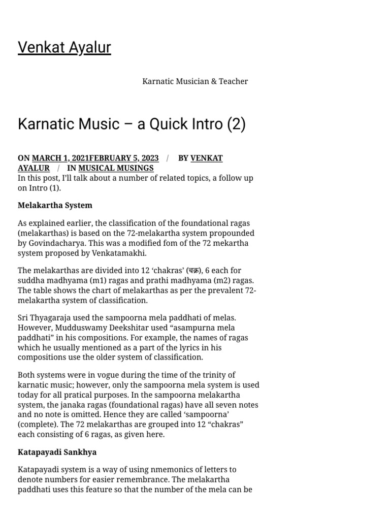 Karnatic Music - A Quick Intro (2) - Venkat Ayalur | PDF | Classical And Art Music Traditions ...