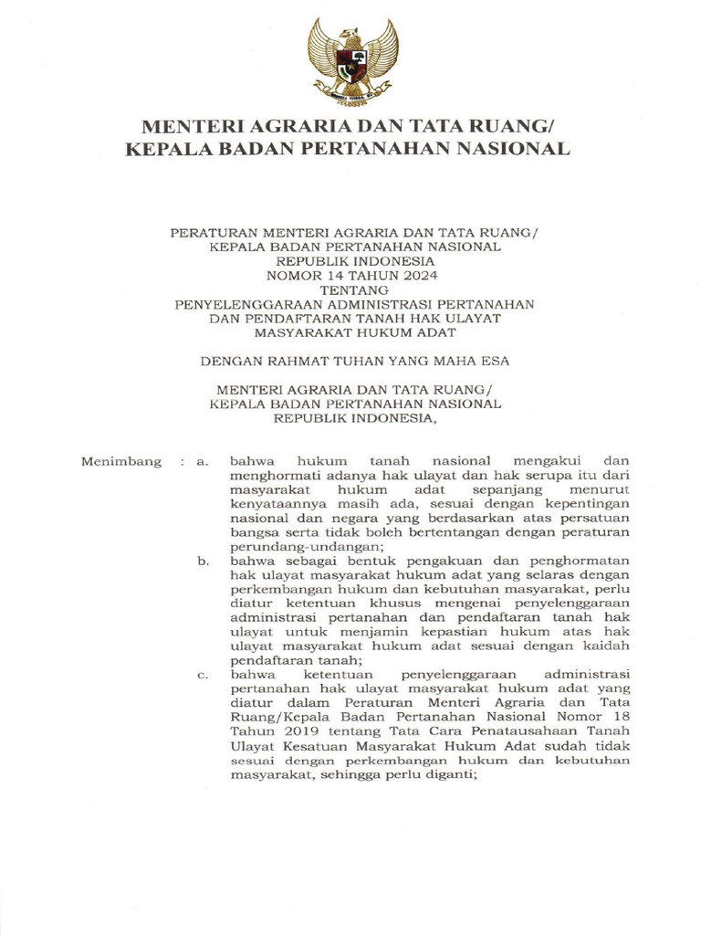 Permen ATR BPN Nomor 14 Tahun 2024 - Ocr | PDF