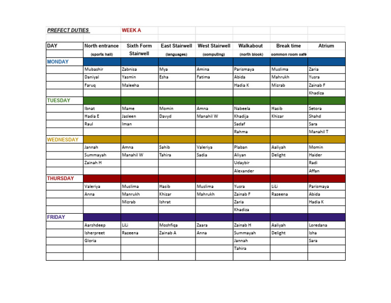Weekly Prefect Duty Schedule | PDF